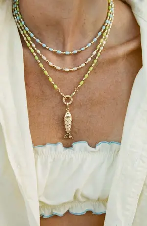 Stella & Dot Joie Beaded Necklace With Charm Keeper - Light Blue