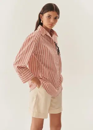 EXQUISE Leia Long Sleeve Shirt With Striped Pattern And Embroidered Detail