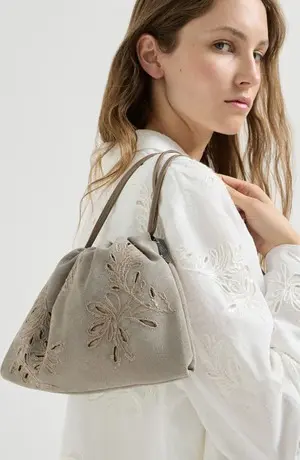 Brunello Cucinelli Suede Duo Pouch Bag With Broderie Anglaise