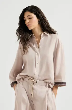 Brunello Cucinelli Linen Shirt With Embellished Cuffs - Yuta