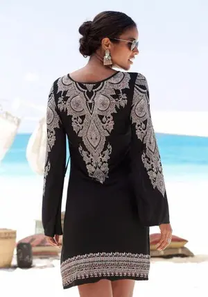 LASCANA Boho Print Lace-up Dress With Flared Sleeves