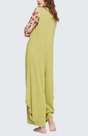 LUUKAA Wrinkled Viscose Jersey Jumpsuit With V-neck And Wide-leg Trousers - Lime