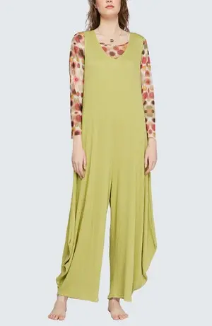 LUUKAA Wrinkled Viscose Jersey Jumpsuit With V-neck And Wide-leg Trousers - Lime