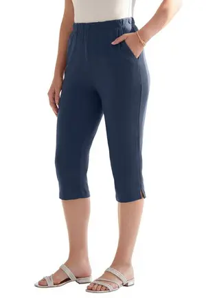 Roaman's Soft Knit Relaxed Pull-on Capri Pant - Navy