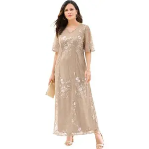Roaman's Allover Embroidered Flutter Sleeve Gown - Beige