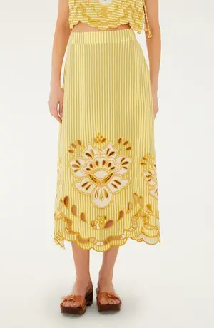 Farm Rio Striped Eyelet Midi Skirt - Yellow
