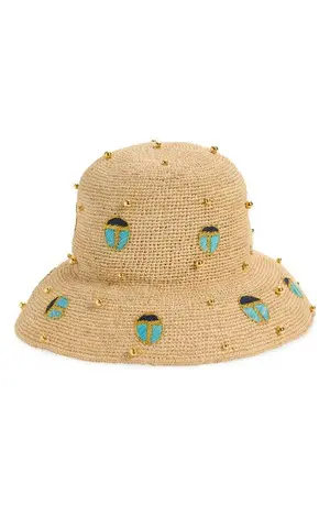 Lele Sadoughi Scarab Embellished Raffia Sun Hat - Turquoise Lapis