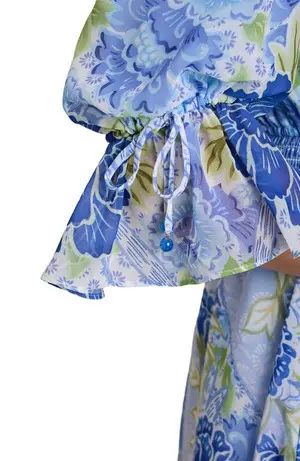 Hale Bob Meridian Chiffon Floral Maxi Dress With Smocked Waist And Ruffled Sleeves - Blue