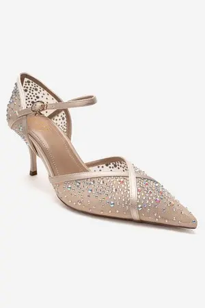 PROLOGUE SHOES Embellished Stiletto Pumps With Ankle Strap - Beige