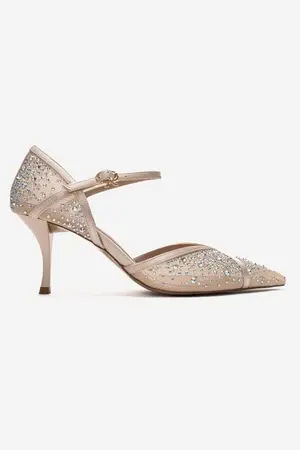 PROLOGUE SHOES Embellished Stiletto Pumps With Ankle Strap - Beige