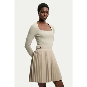 Karen Millen Ribbed Bodice And Pleated Pu Mini Dress - Stone