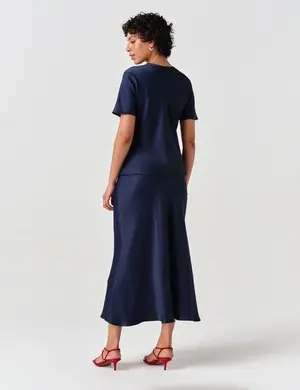 GHOST LONDON Ria Short Sleeve Satin Top - Navy