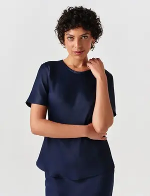 GHOST LONDON Ria Short Sleeve Satin Top - Navy