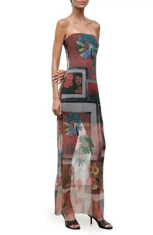 Staud Lilian Floral Bead Detail Strapless Mesh Maxi Dress - Superbloom