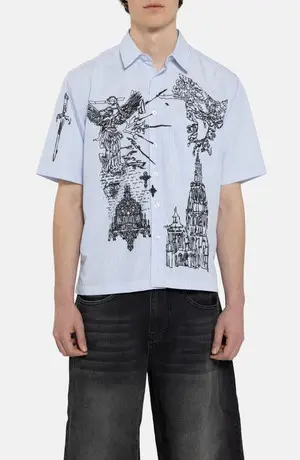 JADED LONDON Pinstripe Sketch Graphic Button-up Shirt - Blue