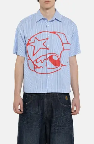 JADED LONDON Poster Stripe Short Sleeve Graphic Button-up Shirt - Blue