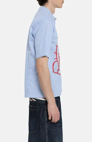 JADED LONDON Poster Stripe Short Sleeve Graphic Button-up Shirt