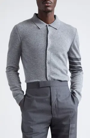 Thom Browne 4-bar Cashmere Polo Cardigan - Light Grey