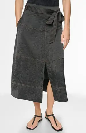 Dkny Tie Waist Midi Skirt With Contrast Stitching - Black