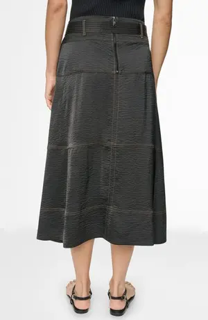 Dkny Tie Waist Midi Skirt With Contrast Stitching - Black