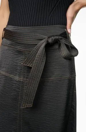 Dkny Tie Waist Midi Skirt With Contrast Stitching - Black