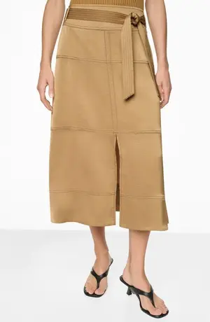 Dkny Tie Waist Contrast Stitch Midi Skirt - Dune
