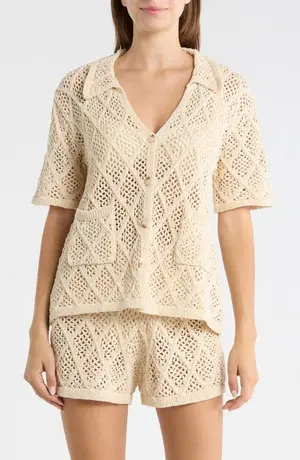 Elan Sheer Open Stitch Cover-up Button-up Shirt - Natural