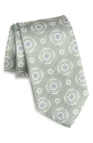 David Donahue Floral Medallion Silk Herringbone Neck Tie - Green