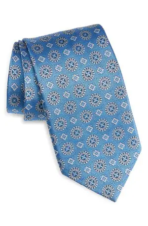 David Donahue Neat Medallion Silk Jacquard Tie - Blue