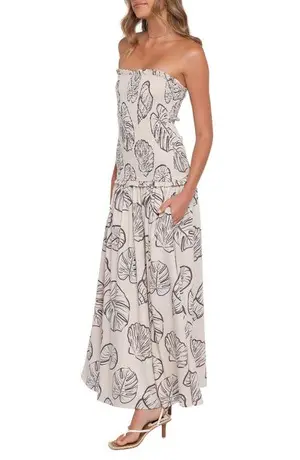 PETAL & PUP Parkway Seashell & Palm Print Smocked Strapless Maxi Dress