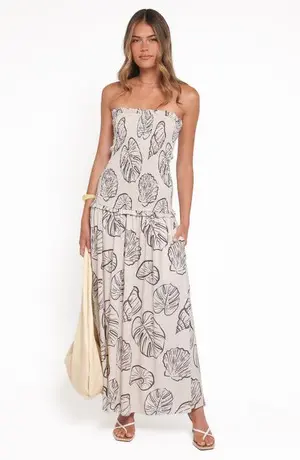 PETAL & PUP Parkway Seashell & Palm Print Smocked Strapless Maxi Dress