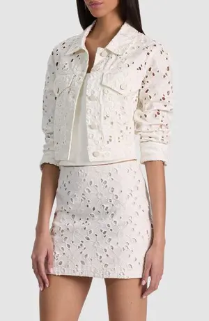 Alice + Olivia Chloe Embroidered Cropped Denim Jacket - Off White