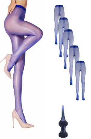 LECHERY® 5-pack Glossy Semi-sheer Opaque Ladder Resistant Tights - Blue