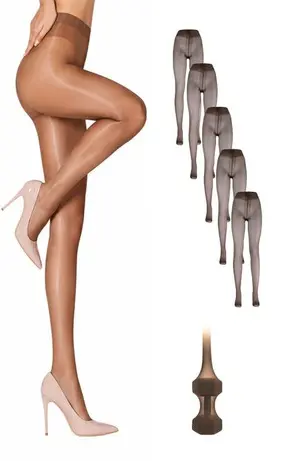 LECHERY® 5-pack Glossy Semi-sheer Opaque Ladder Resistant Tights - Cocoa