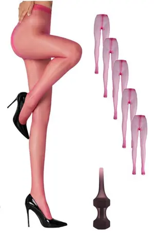 LECHERY® 5-pack Glossy Semi-sheer Opaque Ladder Resistant Tights - Pink