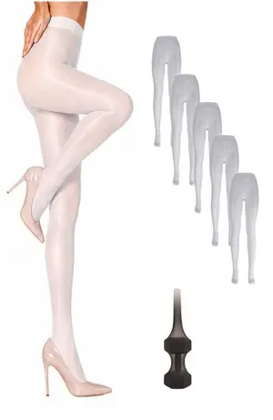 LECHERY® 5-pack Glossy Semi-sheer Opaque Ladder Resistant Tights - White