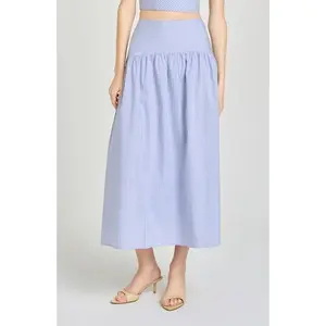 WAYF X Hannah Lovey Porter Georgia Directional Stripe Cotton Blend Midi Skirt - Blue