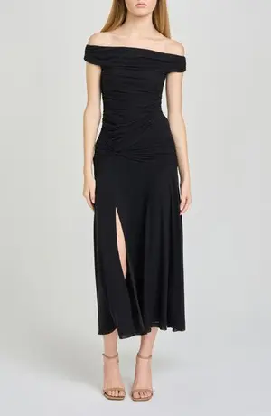 WAYF Off The Shoulder Ruched Midi Dress - Black