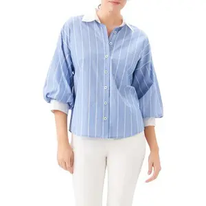 Karen Kane Striped Cotton Shirt With Lantern Sleeves - Blue With Off White