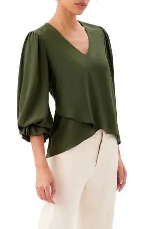 Karen Kane Asymmetrical Crossover Hem Top With Voluminous Sleeves - Light Olive