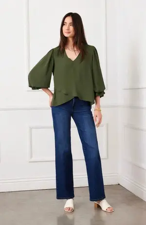 Karen Kane Asymmetrical Crossover Hem Top With Voluminous Sleeves - Light Olive