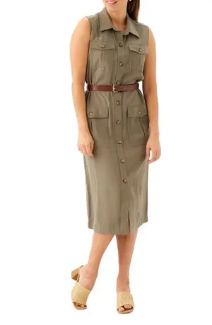 Karen Kane Sleeveless Belted Shirtdress With Patch Pockets