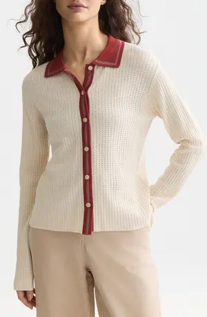 Scotch & Soda Pointelle Knit Cardigan With Contrast Trim - Eggnog