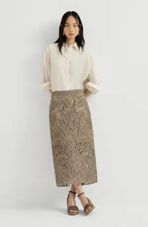 Brunello Cucinelli Linen And Cotton Cacao Leaves Embroidery Skirt - Rope