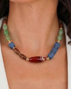 BY LILLA Aegean Sea Beaded Necklace With Jade, Wood, And Gold Finishes - Multi