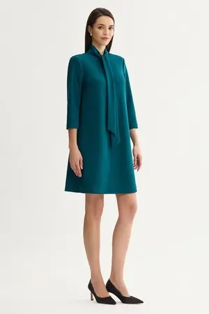 Ming Wang Stretch Deco Crepe Tie Neck Tent Dress - Deep Teal