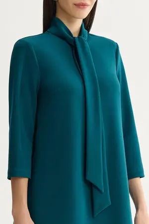 Ming Wang Stretch Deco Crepe Tie Neck Tent Dress - Deep Teal