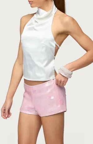 EDIKTED Cowl Neck Backless Satin Crop Top