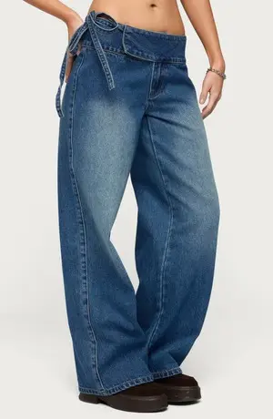 EDIKTED Cleo Tie Waist Wide Leg Jeans
