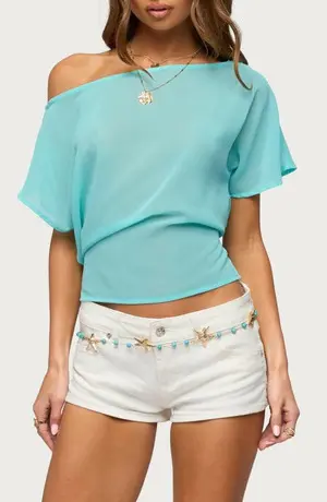EDIKTED Noria One-shoulder Sheer Chiffon Top - Turquoise